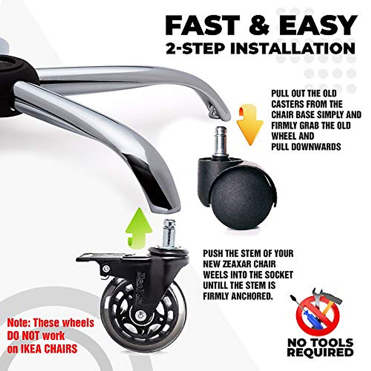 DOES NOT FIT IKEA CHAIRS - Caster Wheels with Brakes - 5 Pieces 3" Locking Office Chair Wheels - Quiet Rollerblade Style PU Rubber Heavy Duty Wheels - Work on Hardwood & Tile Floors & LOW PILE CARPET