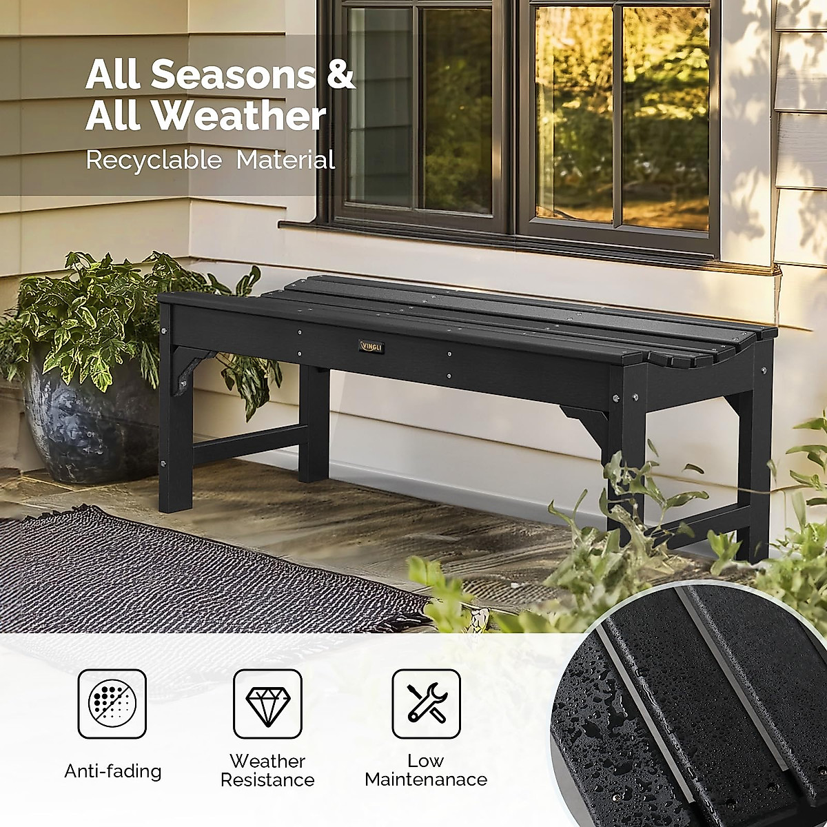VINGLI Outdoor Bench Garden Bench HDPE Porch Bench, Poly Lumber Patio Bench, Oversized Park Bench All-Weather 800 lbs Weight Capacity (Black)