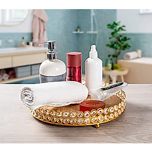 Wooden Round Serving Tray for Living Room,Decorative Coffee Table Tray,Round Wood Tray for Ottoman or Side Table, Charcuterie Board or Cheese Platter, Wooden Metal Tray 12" Dia with Golden Natural