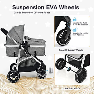 BABY JOY 2 in 1 Convertible Baby Stroller, High Landscape Baby Stroller w/Reversible Seat, Removable Footmuff, Adjustable Backrest & Canopy, Foldable Infant Pram Stroller for 0-36 Months Babies, Gray