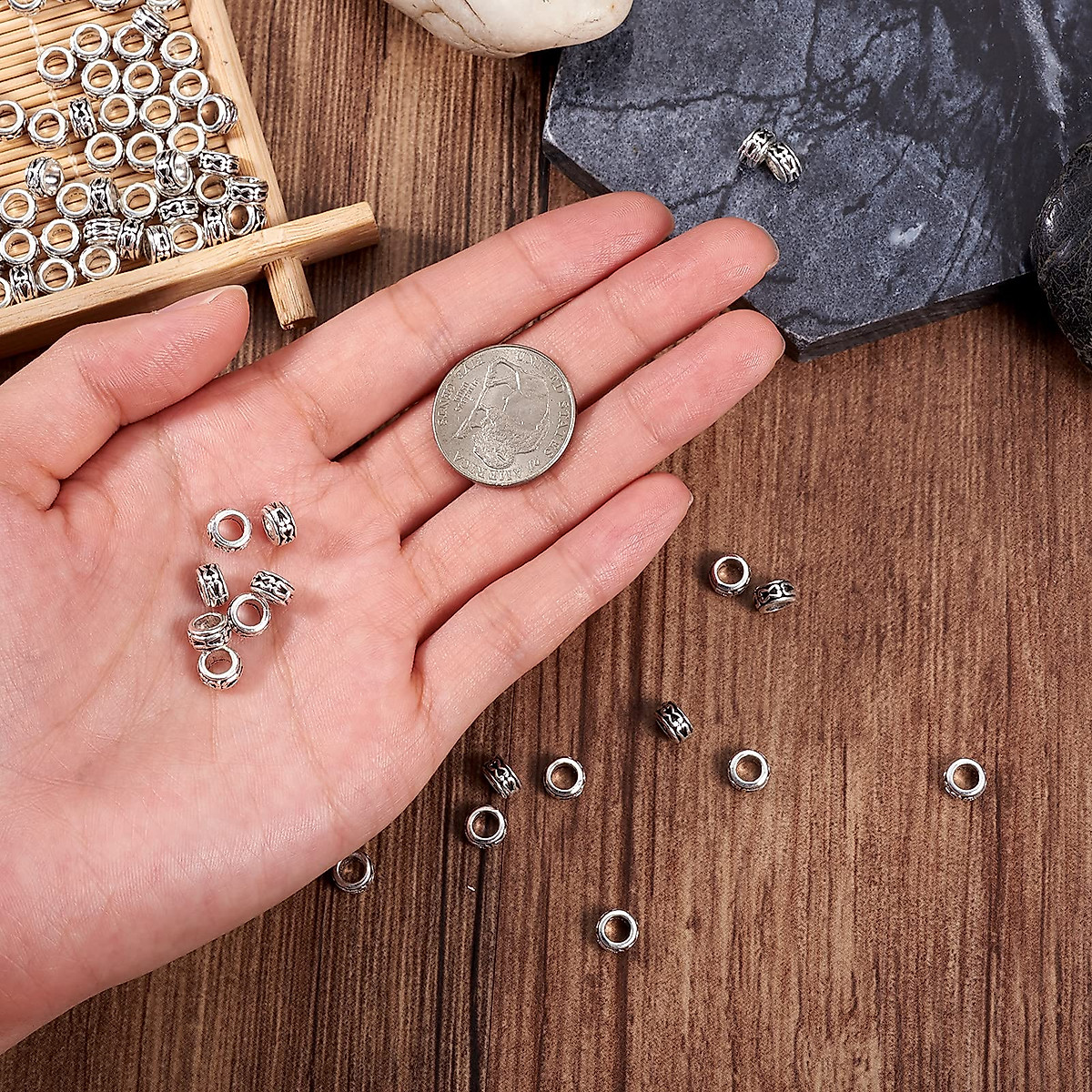 KISSITTY 100-Piece Tibetan Antique Silver European Large Hole Rondelle Spacer Beads 7mm with 3.5mm Hole for DIY Jewelry Craft Making