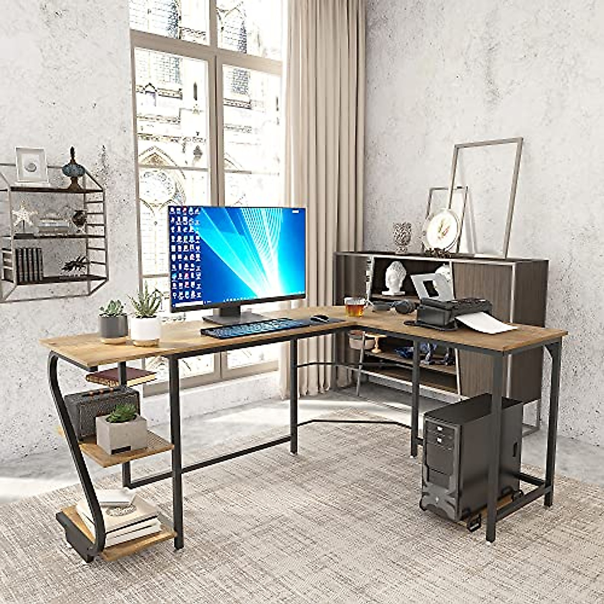 Weehom Reversible L Shaped Desk with Shelves Large Corner Computer Desk Gaming Desks for Home Office Writing Workstation Wooden Table
