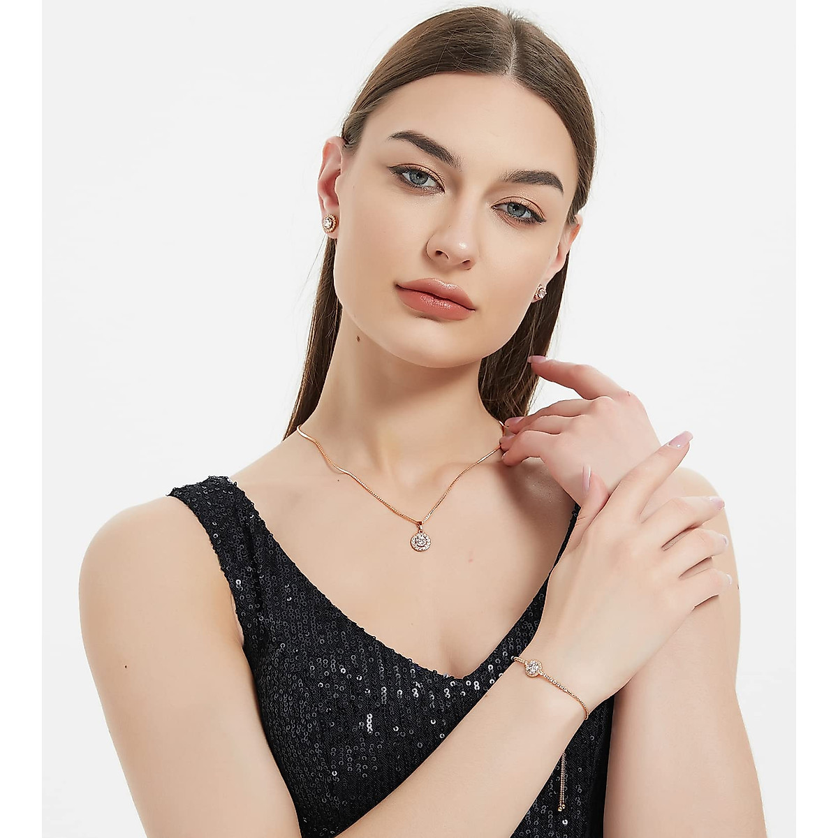 UDYLGOON Round Earrings Necklace Bracelet Jewelry Set for Women Bridal Bridesmaid Party Prom Daily Wedding (Rose Gold)