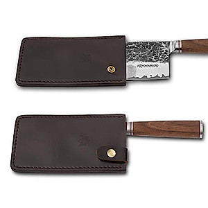 YOUSUNLONG Meat Cleaver 7 inch Vegetable Cleaver Japanese Hammer Damascus Steel - Natural Walnut Wooden Handle with Leather Sheath