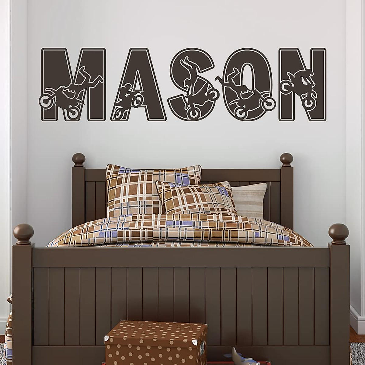 Dirt Bike Motocross Custom Name Vinyl Wall Decal Sticker Art for Boys, Offroad Motorcycle Theme Bedroom and Room Decor for Kids or Teens