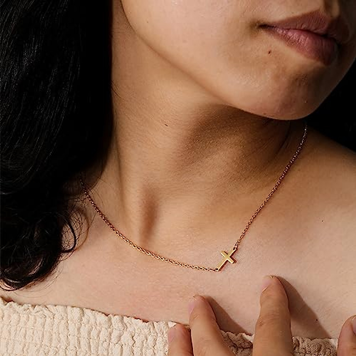 NONTAI Dainty Gold Cross Necklace for Women, Sideways Cross Gift for Best Friends First Day of School Necklace Back to School Gift