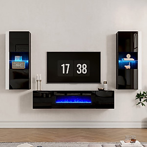 AMERLIFE Wall Unit Entertainment Center with 36" Electric Fireplace, Includes 68" Floating Fireplace TV Stand, 2 x Wall Cabinets, Modern LED Light Media Console Table for Living Room, Black/White