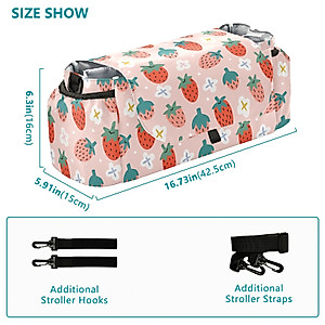 Pink Strawberries Flowers Stroller Organizer with Cup Holder Universal Stroller Organizer Bag Detachable Shoulder Strap Stroller Accessories for Diaper Snacks Toys Keys Fit All Baby Stroller