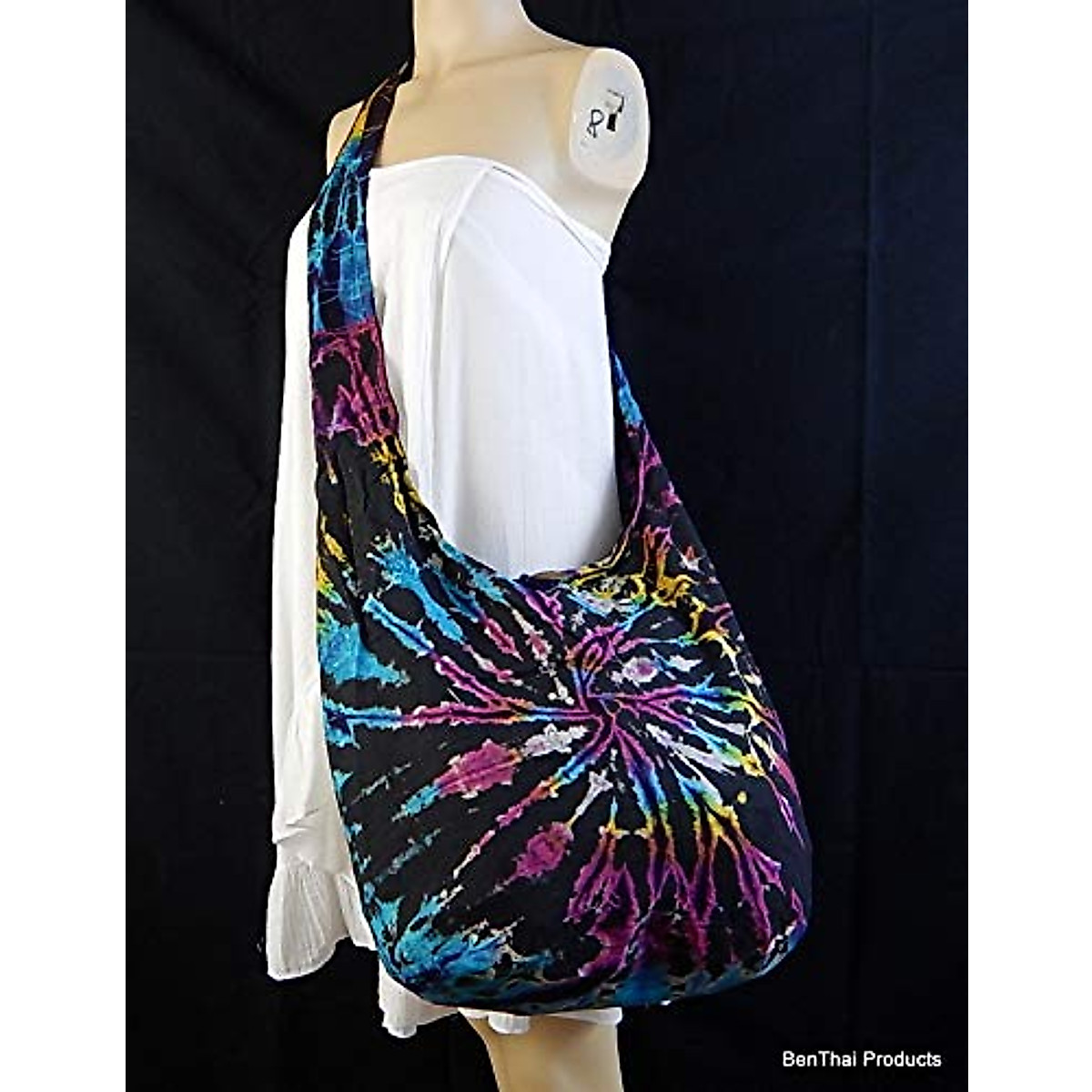 BTP! Tie Dye Sling Crossbody Shoulder Bag Purse Hippie Hobo Cotton Bohemian Colorful Firework, Random Spiral Dark Tone, Large