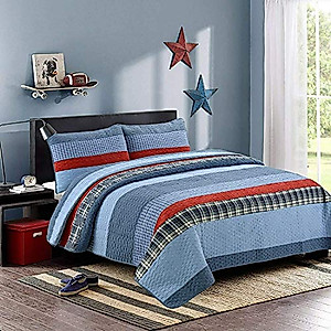 Cozy Line Home Fashions Navy Blue Red Striped Boy 100% Cotton Reversible Quilt Bedding Set, Reversible Coverlet, Bedspread (Varsity, Queen - 3 Piece)
