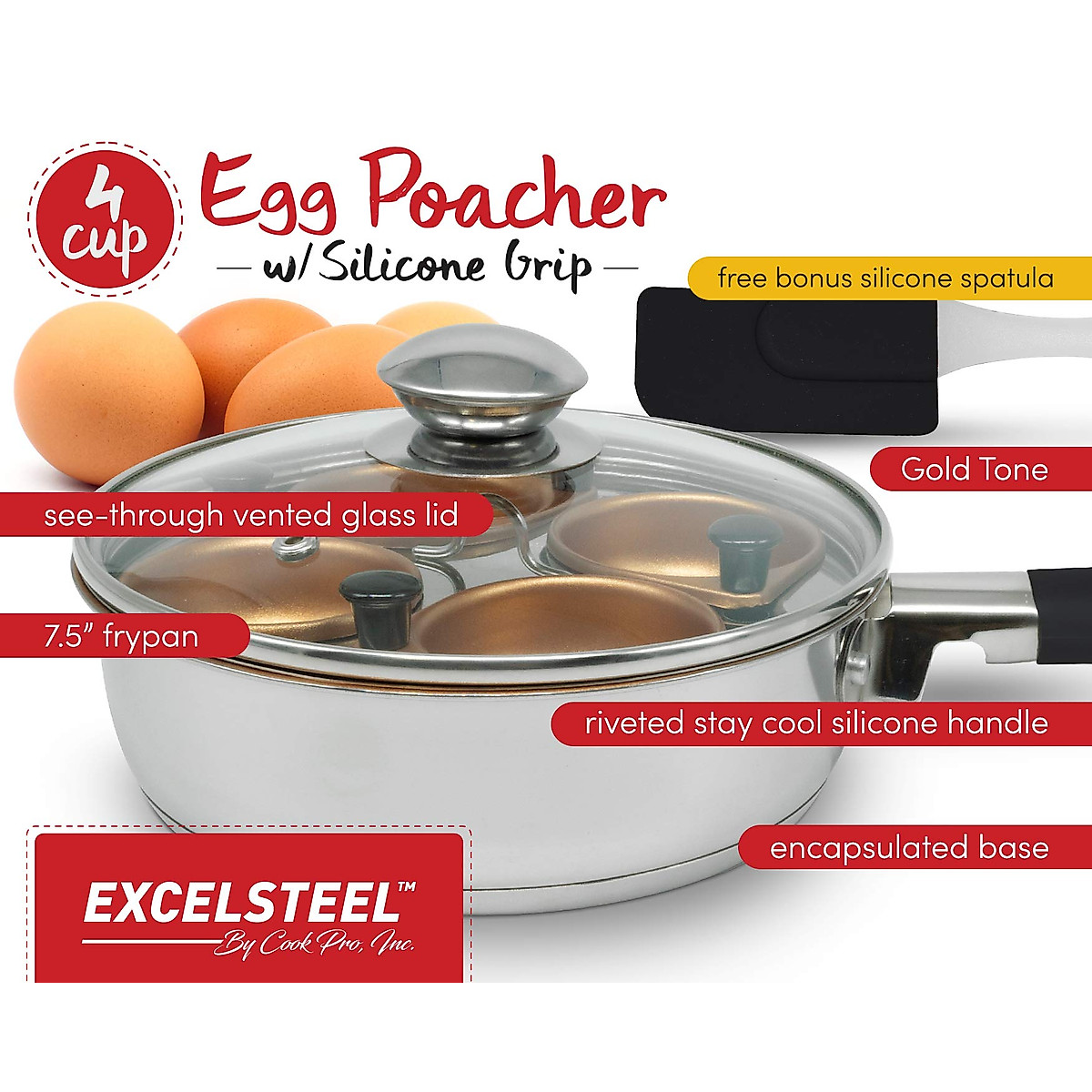 ExcelSteel Non Stick Easy Use Rust Resistant Home Kitchen Breakfast Brunch Induction Cooktop Egg Poacher, 4 Cup, Gold Tone