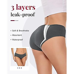 TANSTC Period Underwear for Women Heavy Flow Panties Menstrual Hipster Panty for Female Teens Girls Cotton 3PCS,L Dark Grey