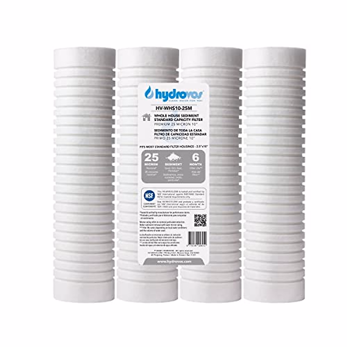 HYDROVOS 25-Micron 10" x 2.5" Whole House Water Filter, NSF 42 Certified Universal Fit 10 Inch Sediment Filter Replacement Cartridge for Standard RO Unit and Home Water Filtration Housing, 4 Packs