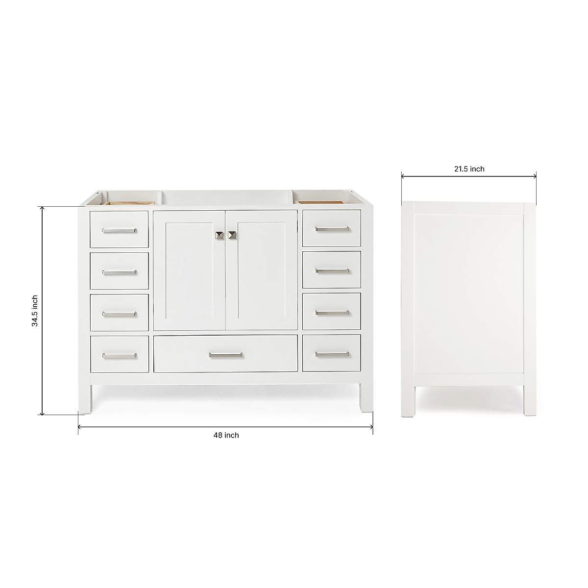 ARIEL 48" White Bathroom Vanity Base Cabinet, Single Sink Configuration, 2 Soft Closing Doors, 9 Full Extension Dovetail Drawers, Brushed Nickel