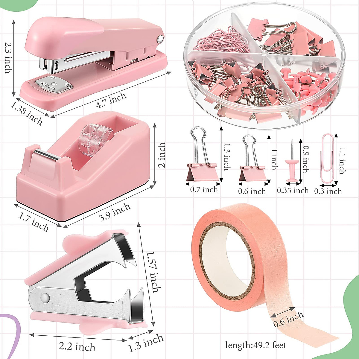 Office Supplies Set Desk Accessory Kit Include Stapler, Staples, Staple Remover, Tape Dispenser, 22 Binder Clips, 30 Paper Clips, 20 Push Pins, 2 Rolls Tape, for Women Christmas Gift (Pink)