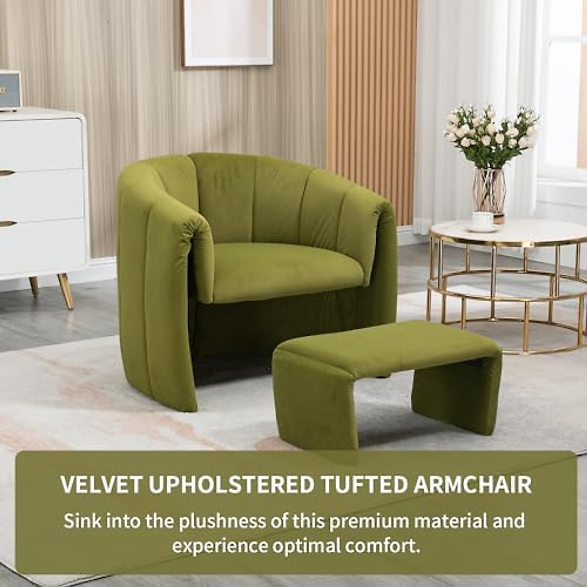 NIOIIKIT Modern Accent Chair with Ottoman, Velvet Upholstered Tufted Leisure Armchair, Single Sofa Reading Chair for Living Room, Bedroom, Office, Lounge (Olive Green)