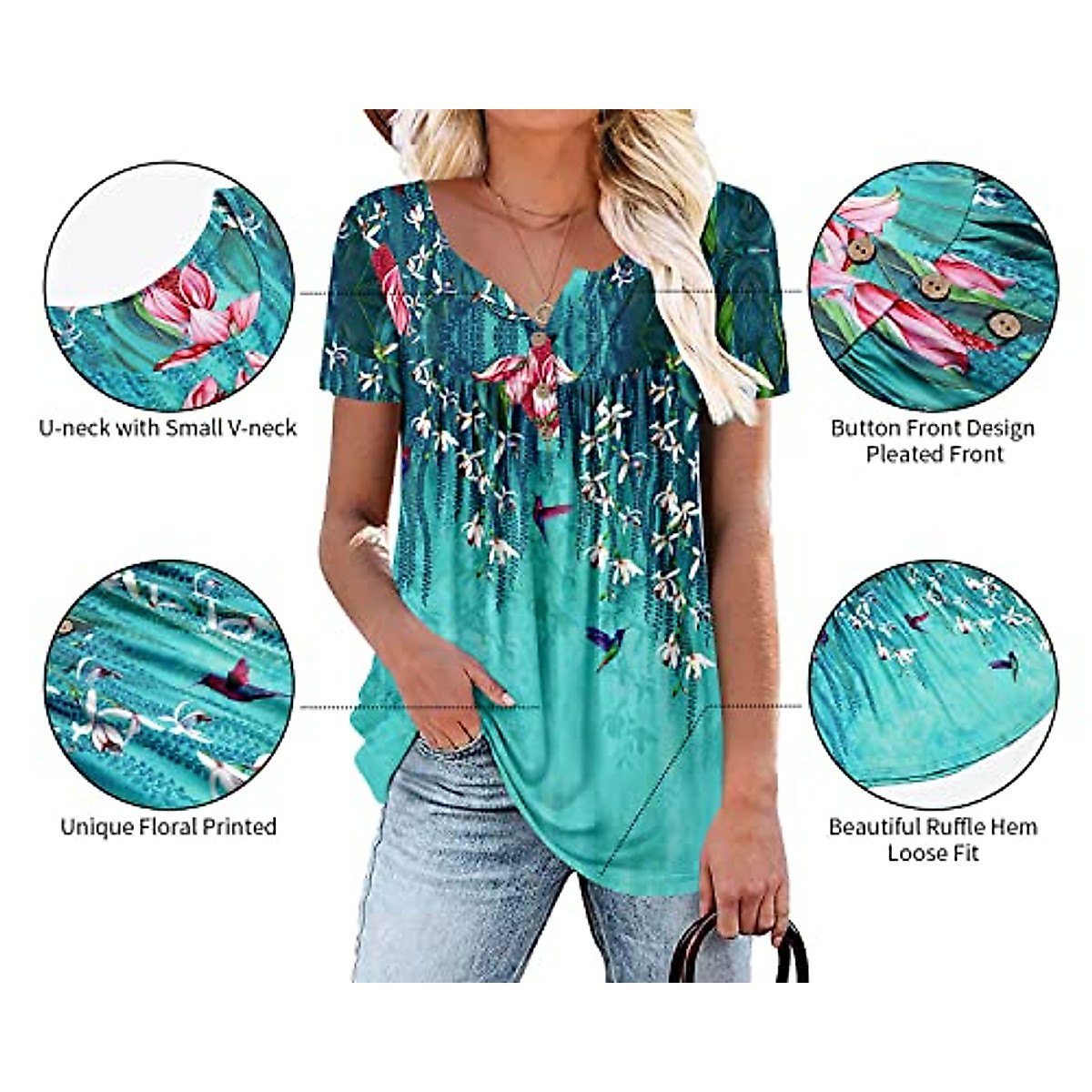 ONLYSHE Summer Floral Plus Size Shirts Blouse for Women Casual Tunic Tops Short Sleeve Ruffle TealWhite XL