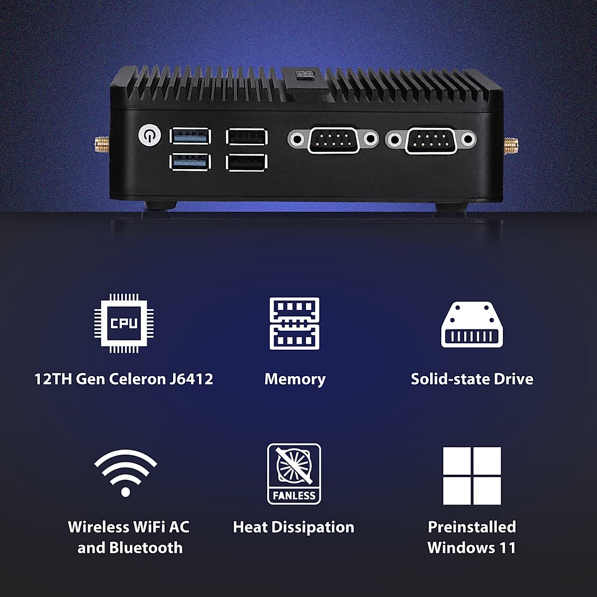 VENOEN Fanless Mini PC Windows 11, 12th Gen Celeron J6412, 8GB DDR4 RAM, 256GB SSD, 2.5inch SATA, Dual HD-MI, DP, 3-Display, 2* DB9 COM, 2* RJ45 LAN, Mini PCI E WiFi, BT, Small Computer, Low Power