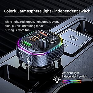 Bluetooth 5.1 FM Transmitter for Car, Bluetooth Car Adapter with PD20W+QC3.0 Car Radio Music Adapter, Supports Handsfree Call Siri Google Assistant, SD Card/U Disk, 7 Color LED Backlit, LED Voltmeter
