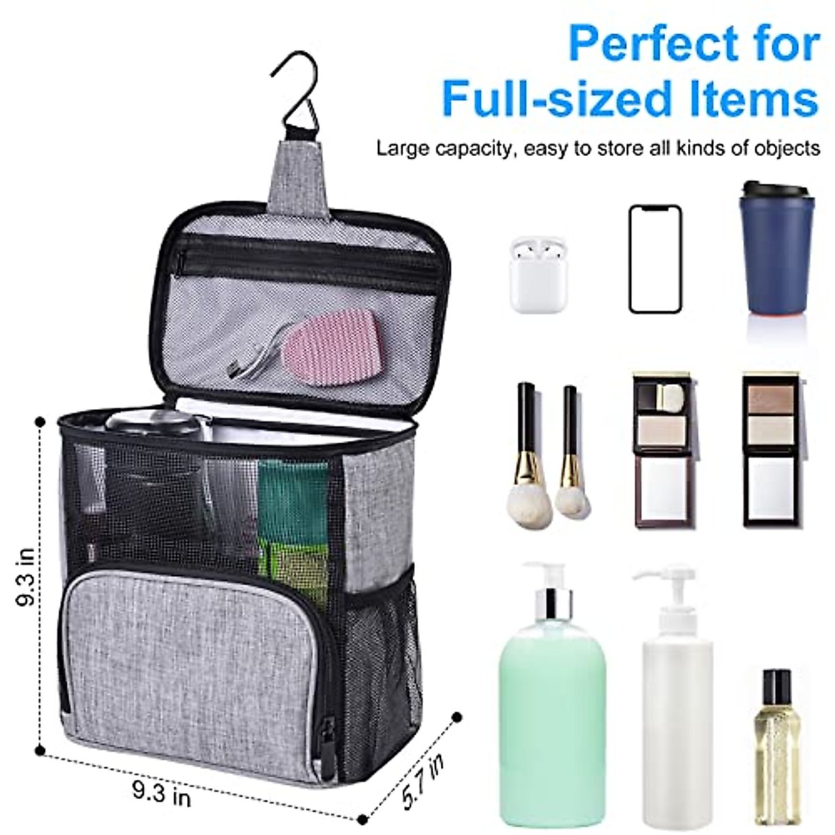 conliga Portable Shower Caddy ， (Updated Version, Full Size Bottle Compatible), Hanging Toiletry Bag， Large Capacity, Quick Dry and Water Resistant with Metal Hook（gray）