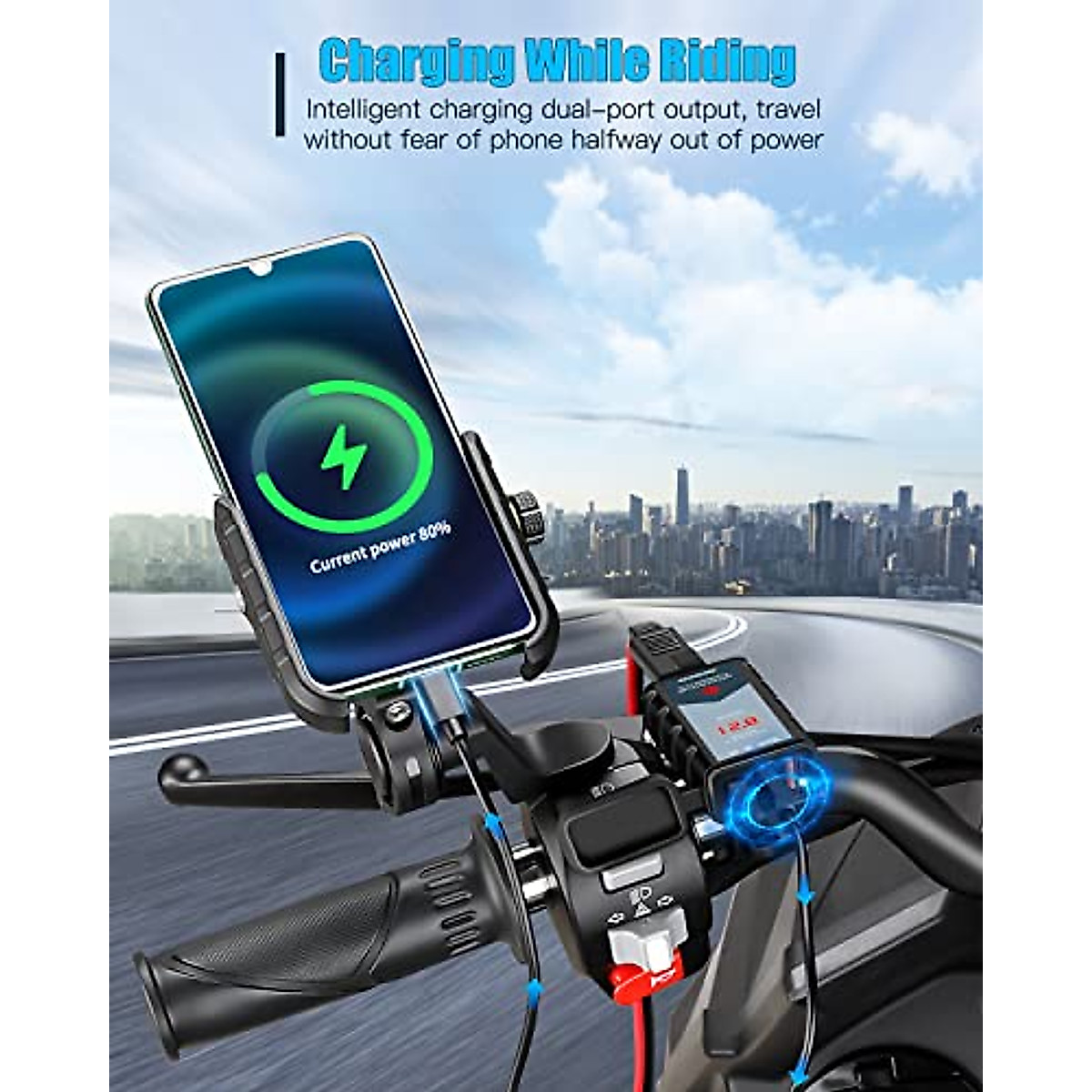 EXTRACTME 6.8A Motorcycle USB Charger, Quick Charge 3.0 Dual USB Motorcycle Phone Charger with Voltmeter & ON/Off Switch, Waterproof Motorcycle Accessories SAE to USB Adapter