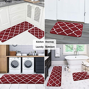 Carvapet 2 Pieces Microfiber Moroccan Trellis Non-Slip Soft Kitchen Mat Bath Rug Doormat Runner Carpet Set, 17"x48"+17"x24", Red