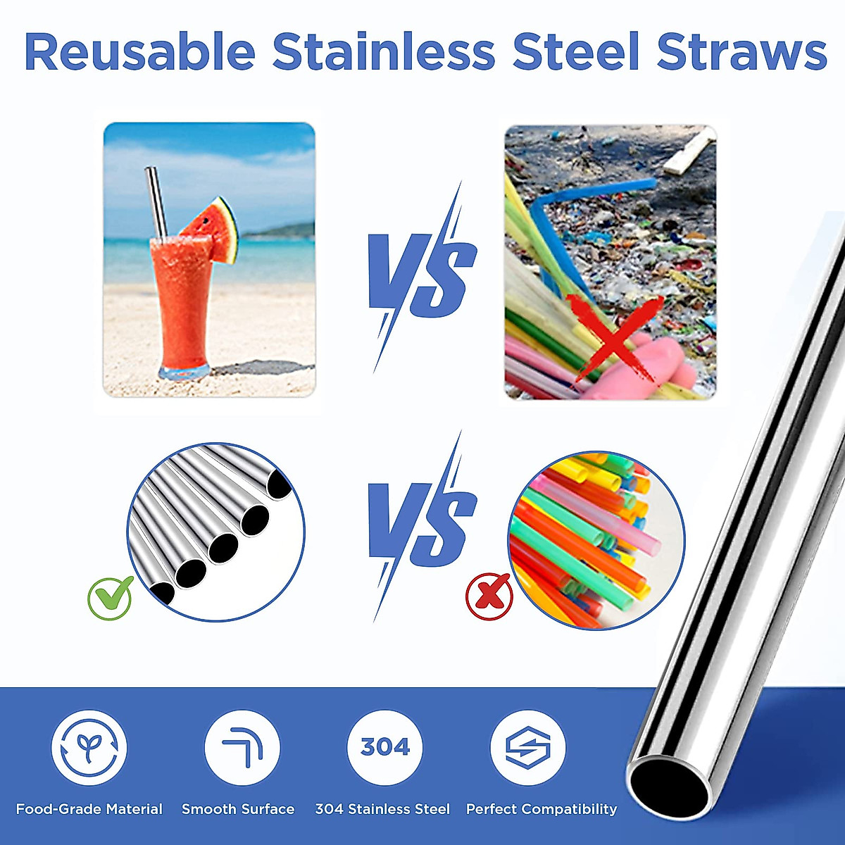 6 Pack Stainless Steel Metal Straws Replacement for Stanley Cup 40 oz Stanley Tumbler Accessories Straws, 0.38'' Wide 12'' Long Reusable Straws with 1 Cleaning Brush, 3 Straight 3 Bent Metal Straws
