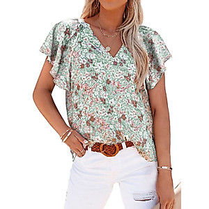 Dokotoo Womens Boho Tops and BlousesV Neck Floral Cap Sleeve Ladies Flowy Ruffle Summer Shirts Medium Green