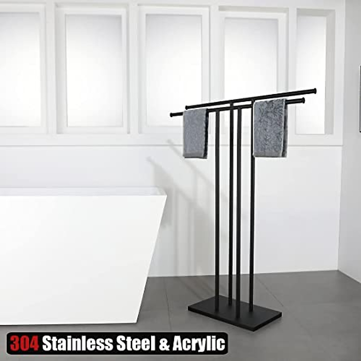 JQK Bath Towel Holder Stand Black, 30 Inch Free Standing Double Towel Rack Shelf for Bathroom Floor, Matte Black, BTH100L30-PB