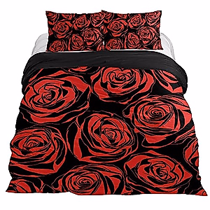 VAPOKF Duvet Covers Set Extra Size Soft and Breathable Microfiber Comforter Bedding Set 1 Duvet Cover 2 Pillowcase with Zipper Closure for Kids Women Men, Seamless Red Roses