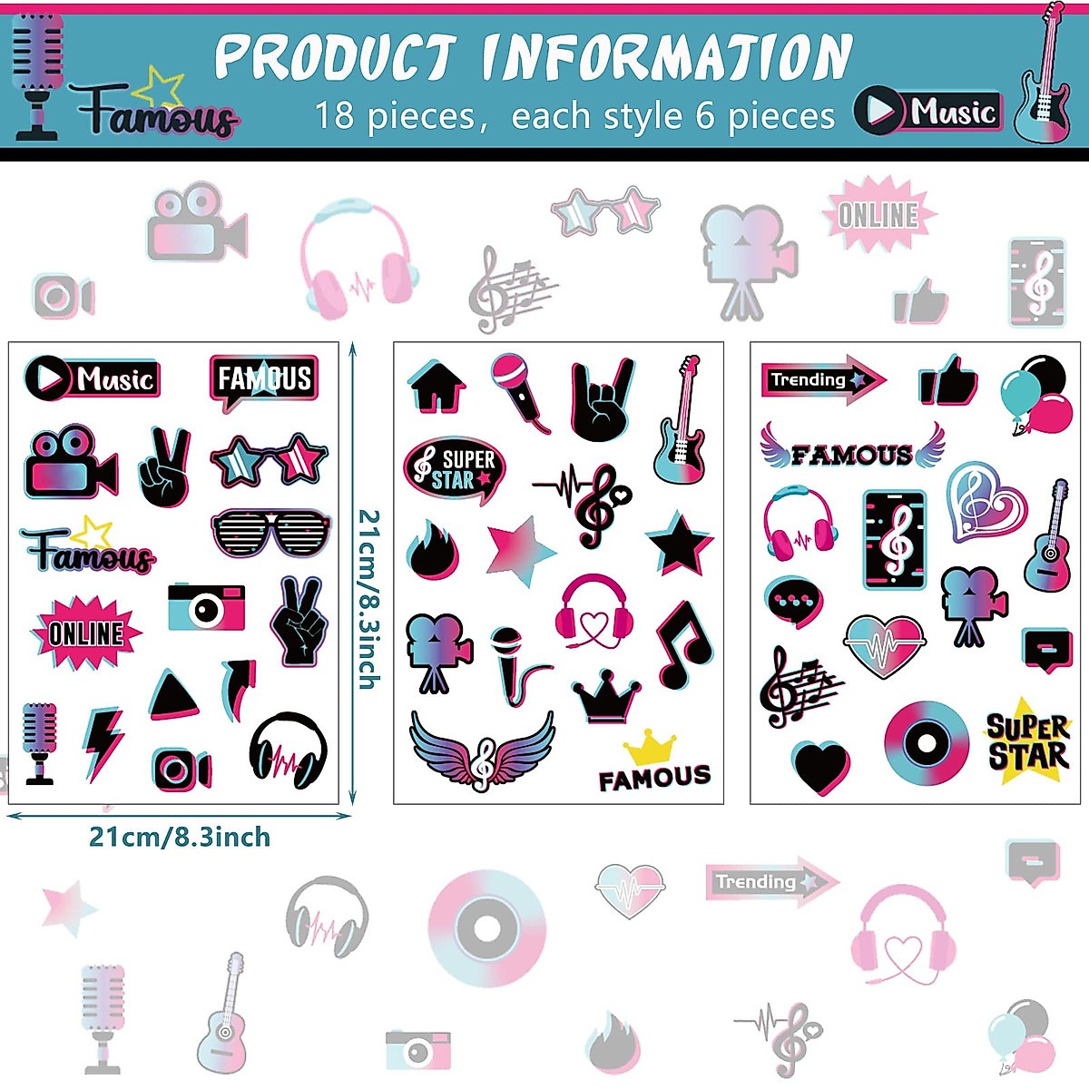 Maitys 288 Pcs Music Temporary Tattoos Stickers, Mixed Style Hand Wrist Body Art for Kids Disco Music Tattoo Stickers for Children Music Theme Party Supplies Decorations Boys Girls Birthday Gifts