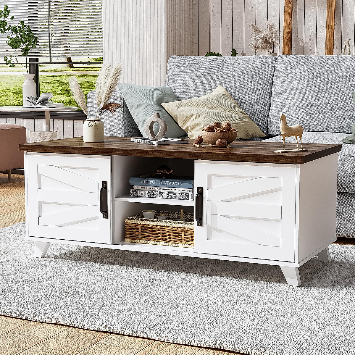 PAKASEPT Farmhouse Coffee Table with Sliding Barn Doors and Storage Cabinets Shelves, Center Table Rectangular Cocktail Table with Adjustable Shelves for Living Room, White