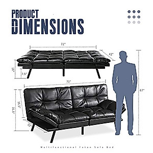 IULULU Futon Sofa Bed Faux Leather Couch with Adjustable Armrests, Modern Industrial Sleeper Daybed for Small Spaces, Living Room, Compact Apartment, Office, House, Condo, Loft, Bungalow, Black