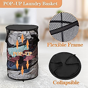 Collapsible Round Popup Laundry Hamper with Lid 2PCS Set, White & Black Foldable Mesh Laundry Basket with Reinforced Carry Handles Solid Bottom, Large Double Clothes Hamper for College Dorm Travel