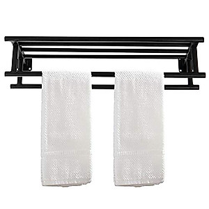 Mind Reader Alloy Collection, Wall-Mount Towel Rack with 2 Bars and Top Shelf, Drying Rack, Metal, Black