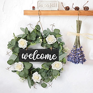 Dremisland Welcome Wreath for Front Door,18 Inch Artificial Rose Eucalyptus Leaves Wreath,Floral Garland Wreath for Window Garden Festival Celebration Wedding Home Decor (Black)
