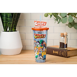 Silver Buffalo Disney A Goofy Movie Featuring Goofy, Max Goof, Roxanne and Bobby Zimuruski Plastic Cold Cup with Lid and Straw Topper, 24 Ounces