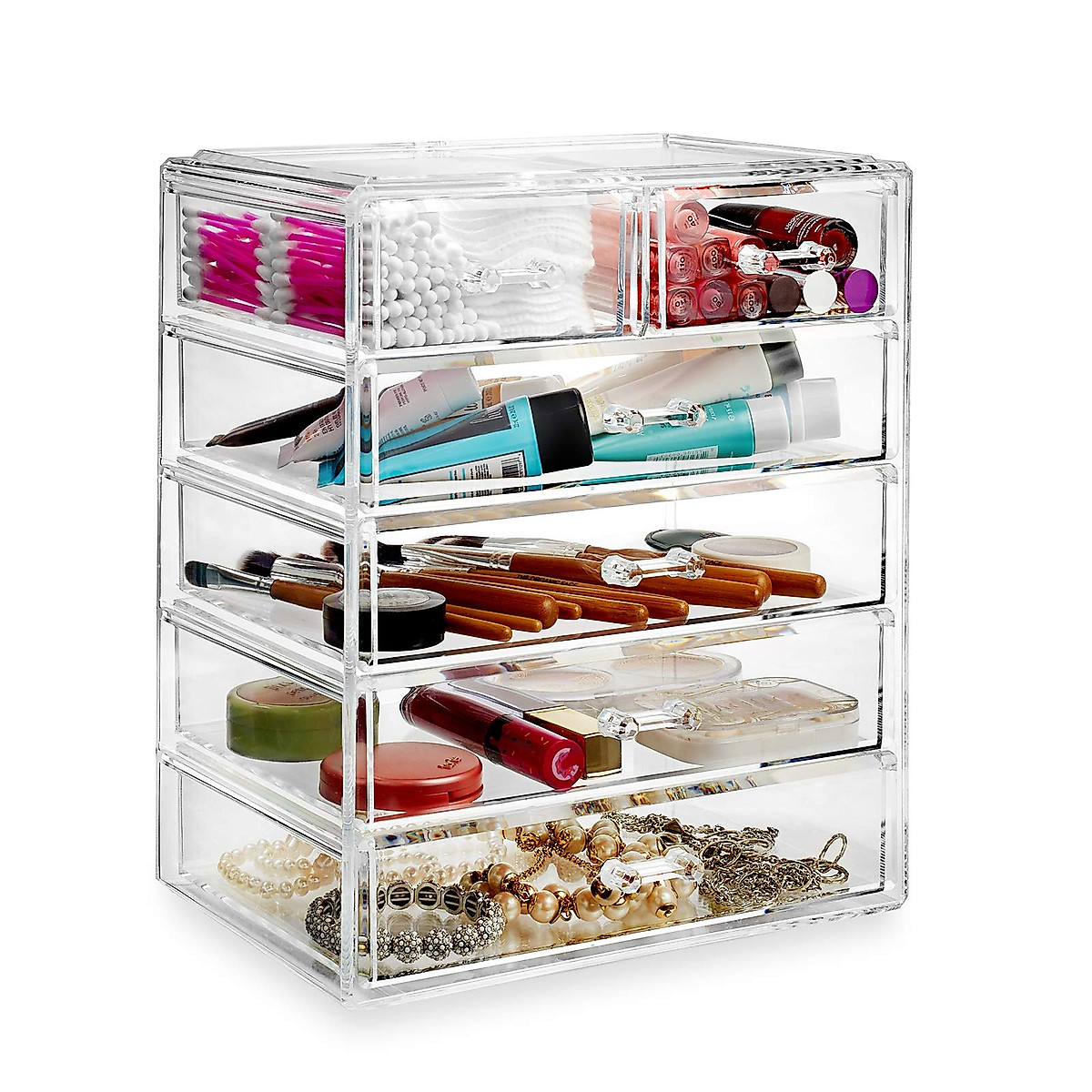 Casafield Acrylic Cosmetic Makeup Organizer & Jewelry Storage Display Case - 4 Large, 2 Small Drawer Set - Clear