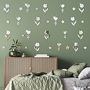 3D Flower Mirror Wall Sticker Floral Wall Stickers for Girls Bedroom Removable Silver Acrylic Mirror Wall Stickers Peel and Stick Wall Decals Art Mural for Living Room Bathroom Classroom Decor