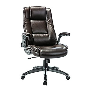 COLAMY Office Chair High Back Leather Desk Chair, Flip-up Arms Adjustable Swivel Executive Chair Thick Padding for Comfort and Ergonomic Design for Home Office, Brown
