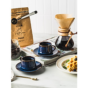 YHOSSEUN Espresso Cups Set of 6, 4 OZ Expresso Shots Cup Small Coffee Cup with Sacuers Metal Stand, Ceramic Espresso Cups for Cappuccino, Latte, Cafe Mocha and Tea, Blue