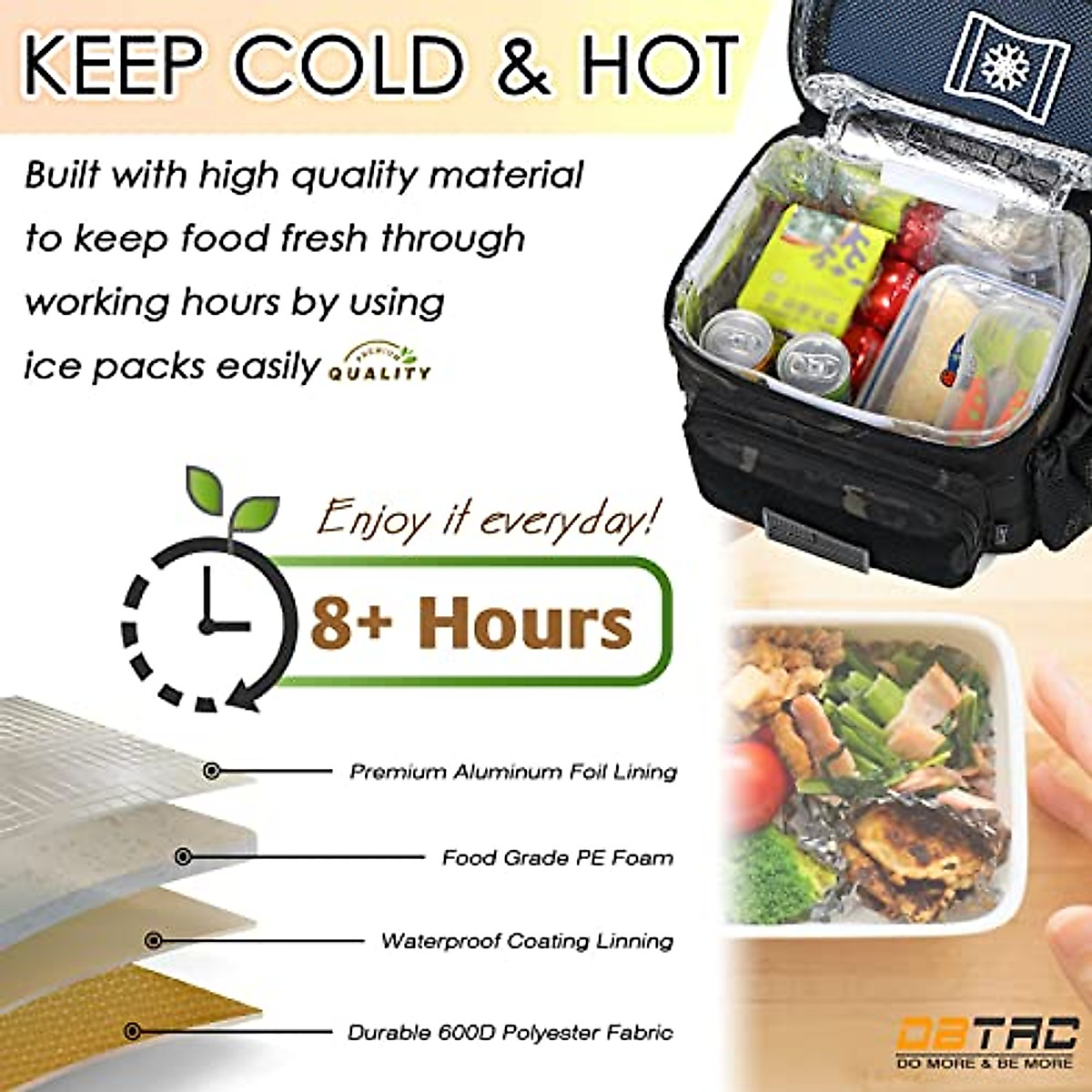 DBTAC Tactical Lunch Box, Large Insulated Lunch Bag Fits 12-Cans w/Water Bottle Pocket | Leakproof Lunch Cooler Tote for EDC Work Travel | Soft & Collapsible Easy-Clean Liner x2, Black Camo