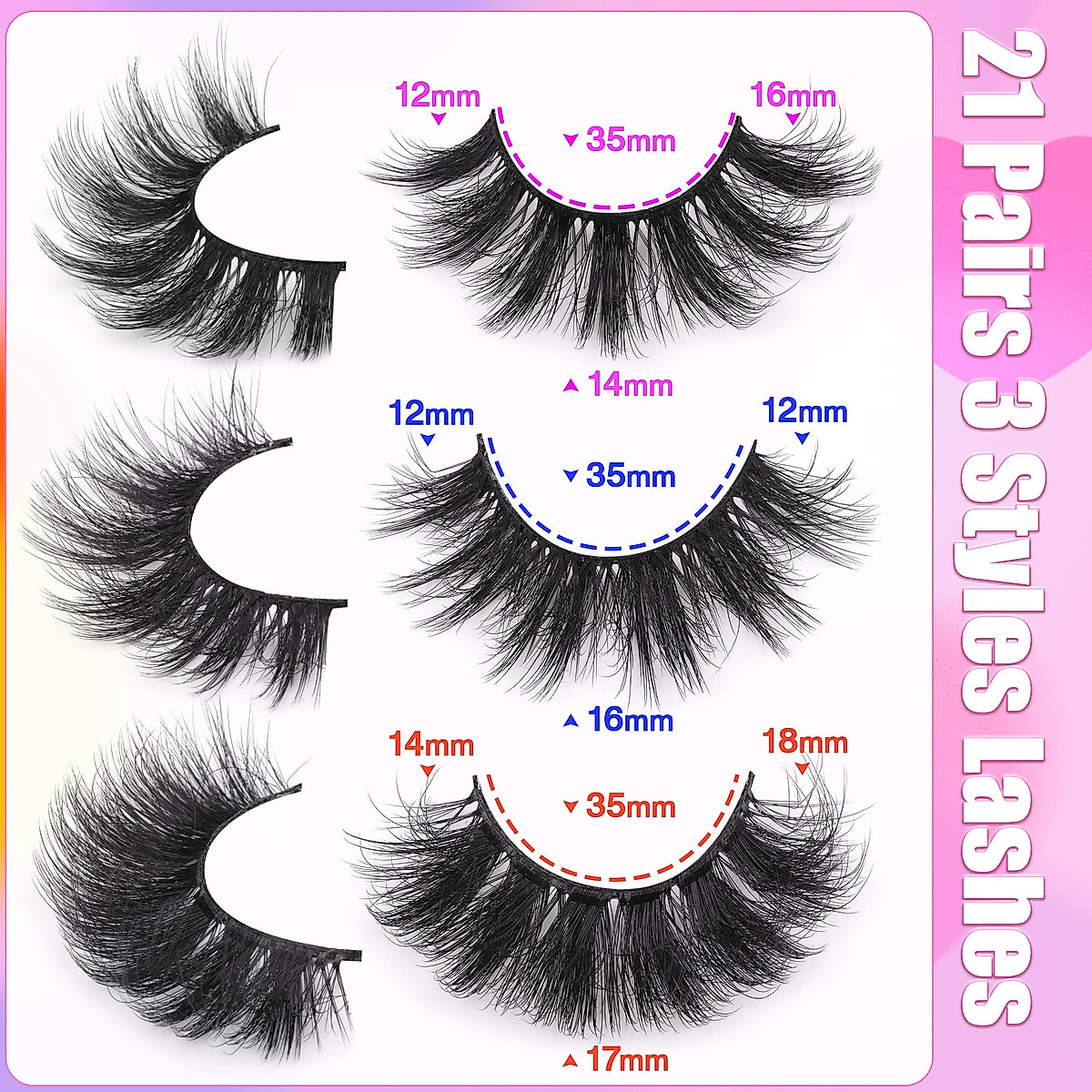 Mink Lashes Fluffy False Eyelashes Natural Look 14-17mm Cat Eye Lashes Pack, 5D Wispy Curly Fake Lashes by TNFVLONEINS - 21 Pairs 3 Styles