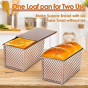 Cyimi Pullman Loaf Pan with Lid Non-Stick Bread Toast Mold with Cover Carbon Steel Corrugated Bread Pan for Oven Baking 1lb Dough Capacity Bread Tin with Dough Scraper Cutter & Oil Brush