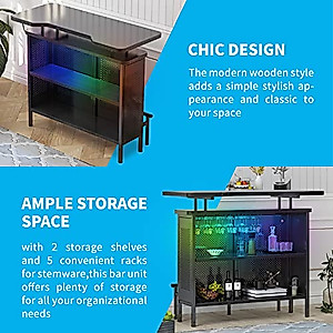 Mjkone Wine Bar Cabinet with LED Lights by Remote Control, Coffee Bar Cabinet for Liquor and Glasses, Home Bar Unit with Wine Rack, Mini Bars with Storage (Black)