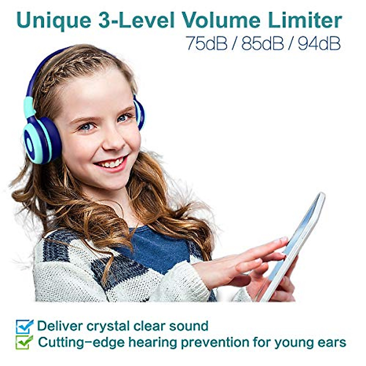 2 Pack of SIMOLIO Wireless Bluetooth Headphones for Kids with 75dB,85dB,94dB Volume Limit, Kids Headphone with Mic & Hard Case, Children Headphones with Share Jack for Girls Boys,Toddlers (Pink+Mint)