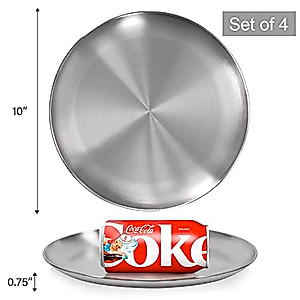 Sumerflos 304 (18/8) Stainless Steel Dinner Plates, 10" Round Salad Plates, Serving Plate for Home Kichten, Outdoor Camping, Snack, Pizza and BBQ - Set of 4