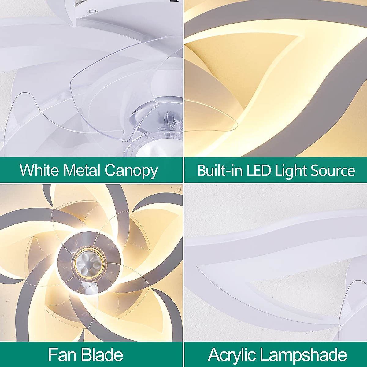 HuixuTe Ceiling Fan with Lights Remote Control, 3 Colors, 6 Speeds, 24" Geometric Bladeless Ceiling Fan, White Low Profile Ceiling Fan with Light for Kitchen Bedroom