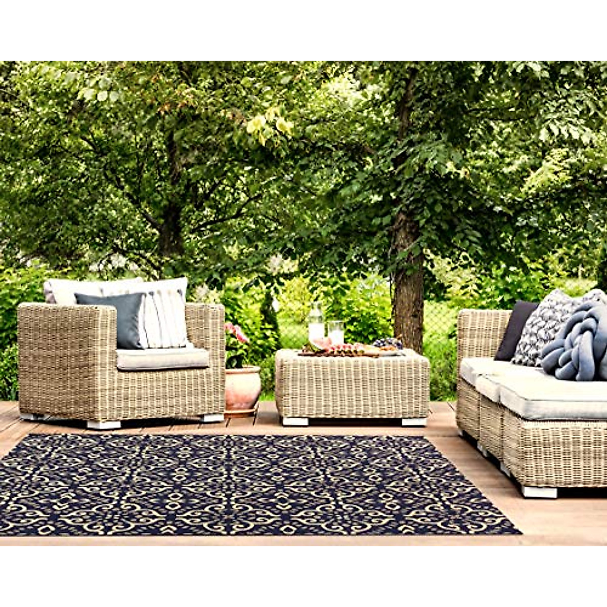 Gertmenian Indoor Outdoor Classic Flatweave Area Rug, Stain & UV Resistant Carpet, Deck, Patio, Poolside & Mudroom, 8x10 Ft Large, Floral Medallion, Navy Blue, 21571