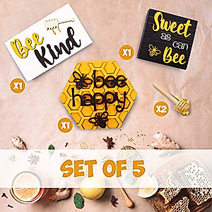 Huray Rayho Bee Wooden Sign Tiered Tray Decor Set of 5, Bee Happy Honeycomb 3D Letter Raised Laser Engrave Wood Block Bundle Honey Dippers Spring Summer Farmhouse Home Kitchen Bookshelf Table Decor